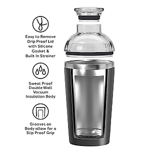 OGGI Groove Insulated Cocktail Shaker-17oz Double Wall Vacuum Insulated Stainless Steel Shaker, Tritan Lid has Built In Strainer, Ideal Cocktail Mixer, Martini Shaker, Margarita Shaker, Black