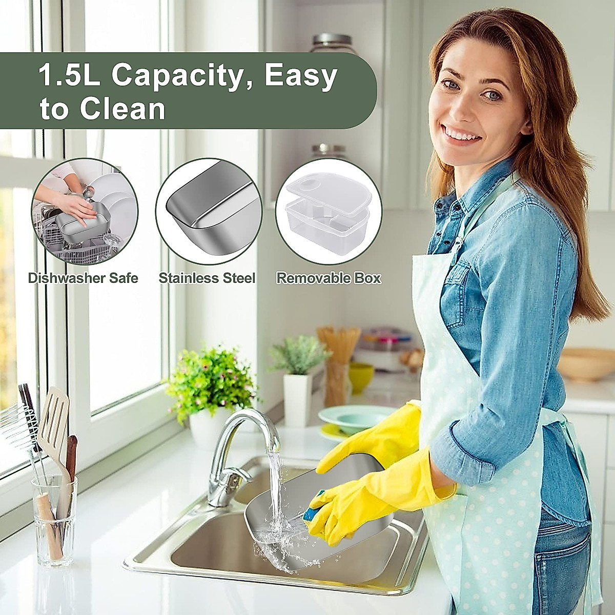 Vabaso Electric Lunch Box Food Heater, 2 in 1 Portable Heated Lunch Box for Car Truck Home Work Adults Food Heating, Leak Proof, 1.5L Removable Stainless Steel Container, 110V/12V/24V 60W