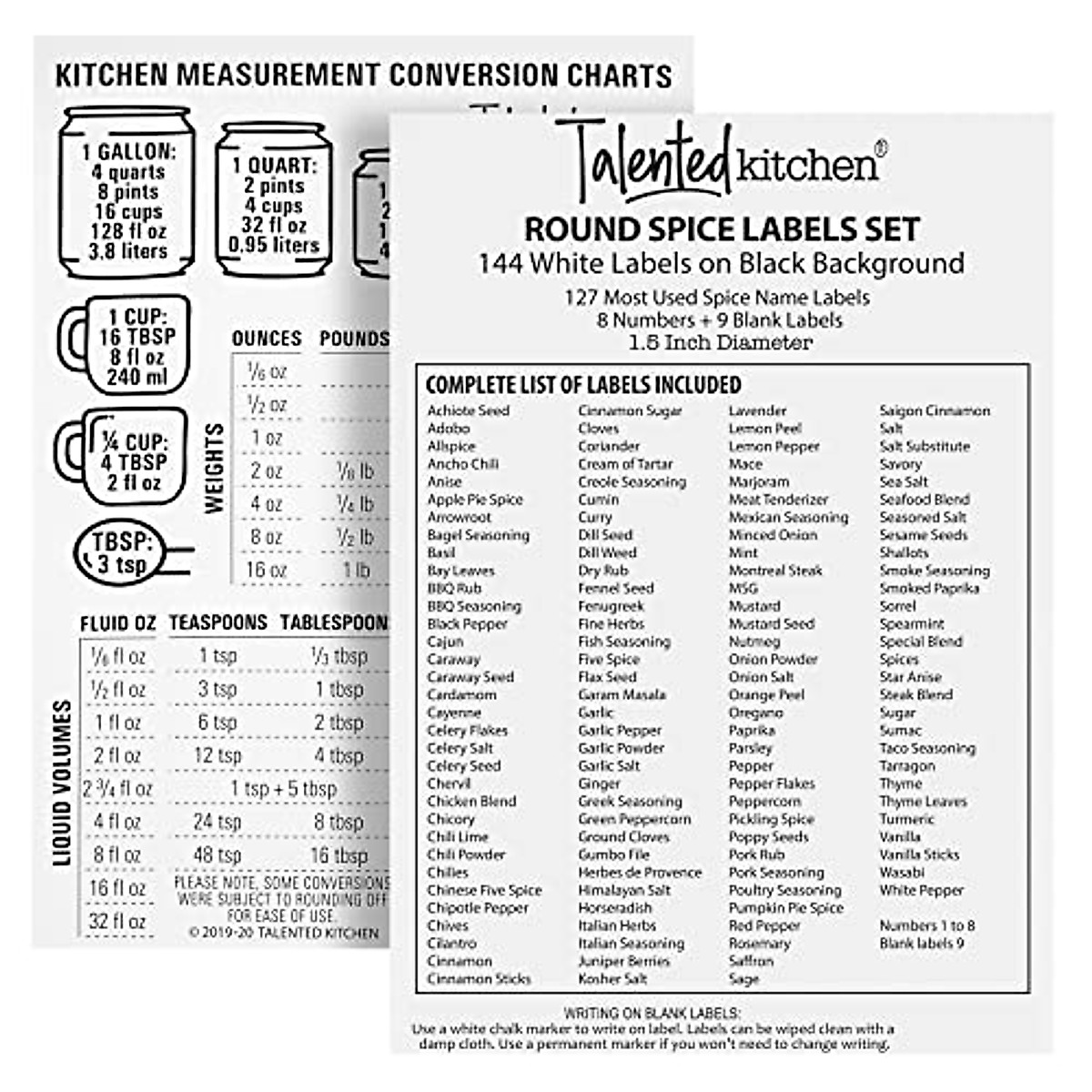Talented Kitchen 24 Magnetic Spice Jars for Refrigerator, Seasoning Containers with Sift-and-Pour Lids, 269 Preprinted Seasoning Labels, 2 Styles, for 3oz Herb Tins