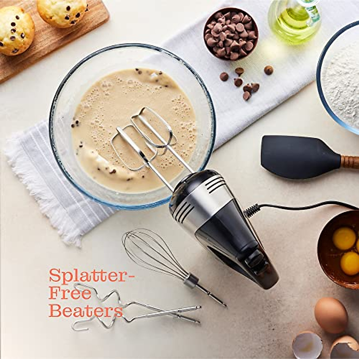 Powerful Electric Kitchen Hand Mixer, 200 Watts, 5 Speed Food Handheld Mixer, with Turbo Button, Dough, Whisk and Beater Attachments, and Accessory Bin, for Dough, Eggs, Batter,