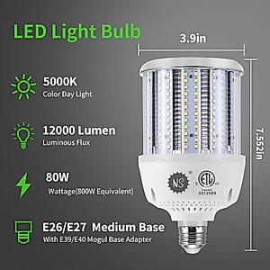 NS 2 Pack 80W LED Corn Bulb, 12000LM 5000K Daylight Cold White LED Bulb E26/E39 Mogul Base Open Semi-Closed Lamp Applicable to Parking Lot Column Top Rear Yard Lamp Garage Office AC100-277V