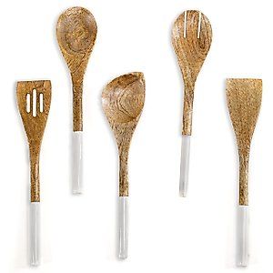 The Art Box Wooden Cooking Spoon Utensils Set of 5 - Kitchen Serving Tools Non-Stick Cookware12 Inch Wooden Fork, Corner Spoon, Slotted Turner, Spoon, Spatula For Baking, BPA Free, White