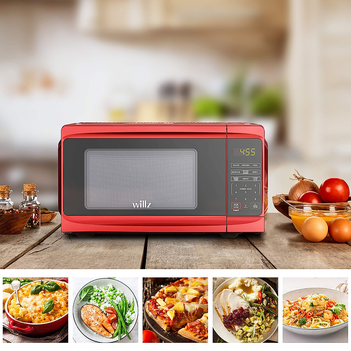 Willz Countertop Small Microwave Oven, 6 Preset Cooking Programs Interior Light LED Display 0.7 Cu.Ft 700W Red WLCMV807RD-07
