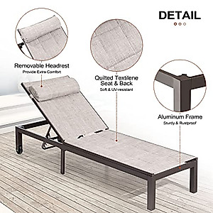 Crestlive Products Aluminum Patio Chaise Lounge Chair Five-Position Adjustable Outdoor Recliner with Headrest and Wheels All Weather for Patio, Beach, Yard, Pool (2 PCS Beige)