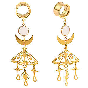 Vankula 2PCS Butterfly Crescent Moon Pendant Hypoallergenic Stainless Steel 0g 2g Plugs Ear Gauges Tunnels Piercing Expander Stretchers Fashion Body Jewelry