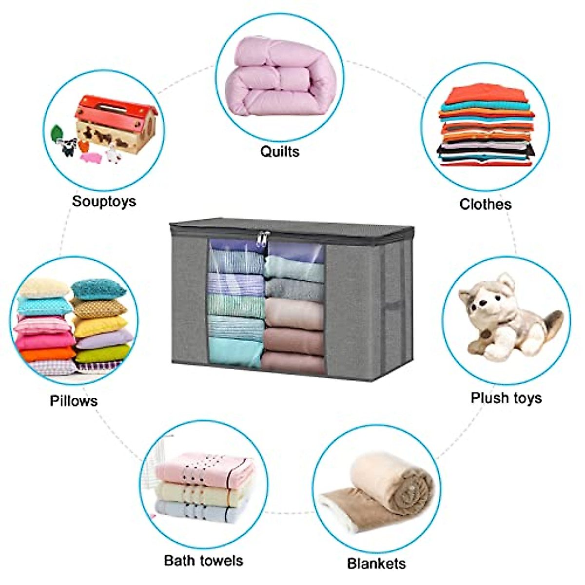 Foldable Large Clothes Comforter Soft Storage Bags, Breathable Linen Closet Storage and Organizers for Blankets, with Sturdy Zippers Clear Window, Set of 2 Grey with Printing