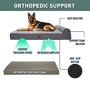 Eterish Extra Large Orthopedic Dog Bed for Medium, Large, Extra Large Dogs up to 100 lbs, 4 inches Thick Egg-Crate Foam Bolster Bed with Removable Cover, T-Shape Pet Bed Machine Washable, Grey