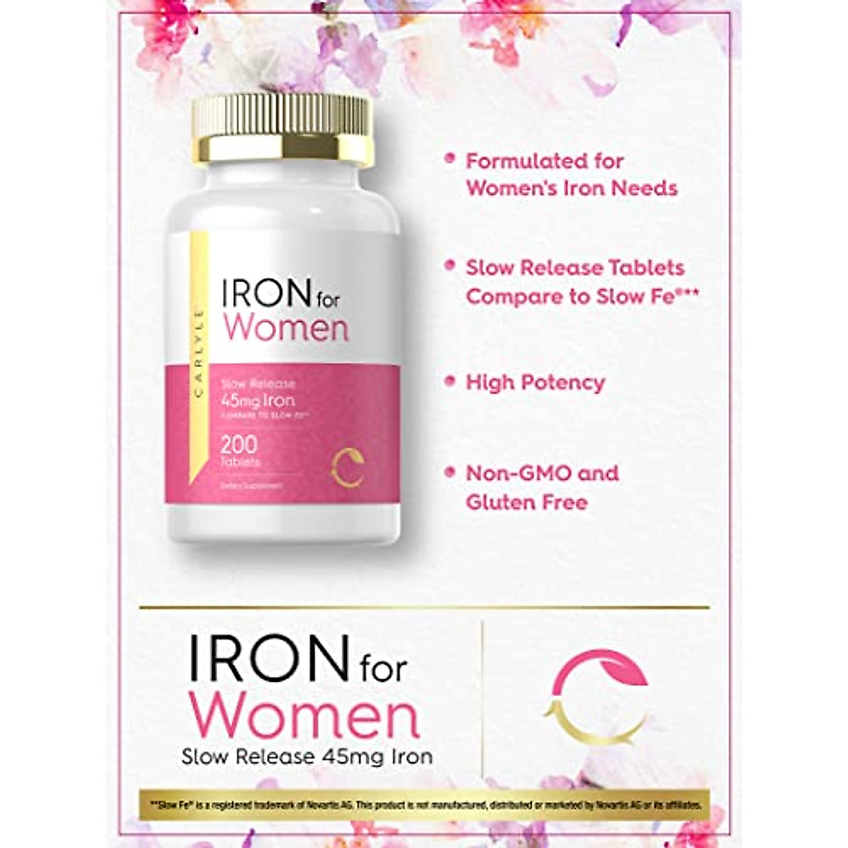 Iron Pills for Women | 45mg | 200 Slow Release Tablets | Vegetarian, Non-GMO, Gluten Free Supplement | by Carlyle