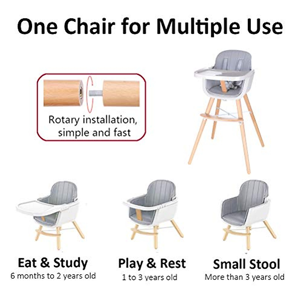 Foho Baby High Chair, Perfect 3 in 1 Convertible Wooden High Chair with Cushion, Removable Tray, and Adjustable Legs for Baby & Toddler (Gray)