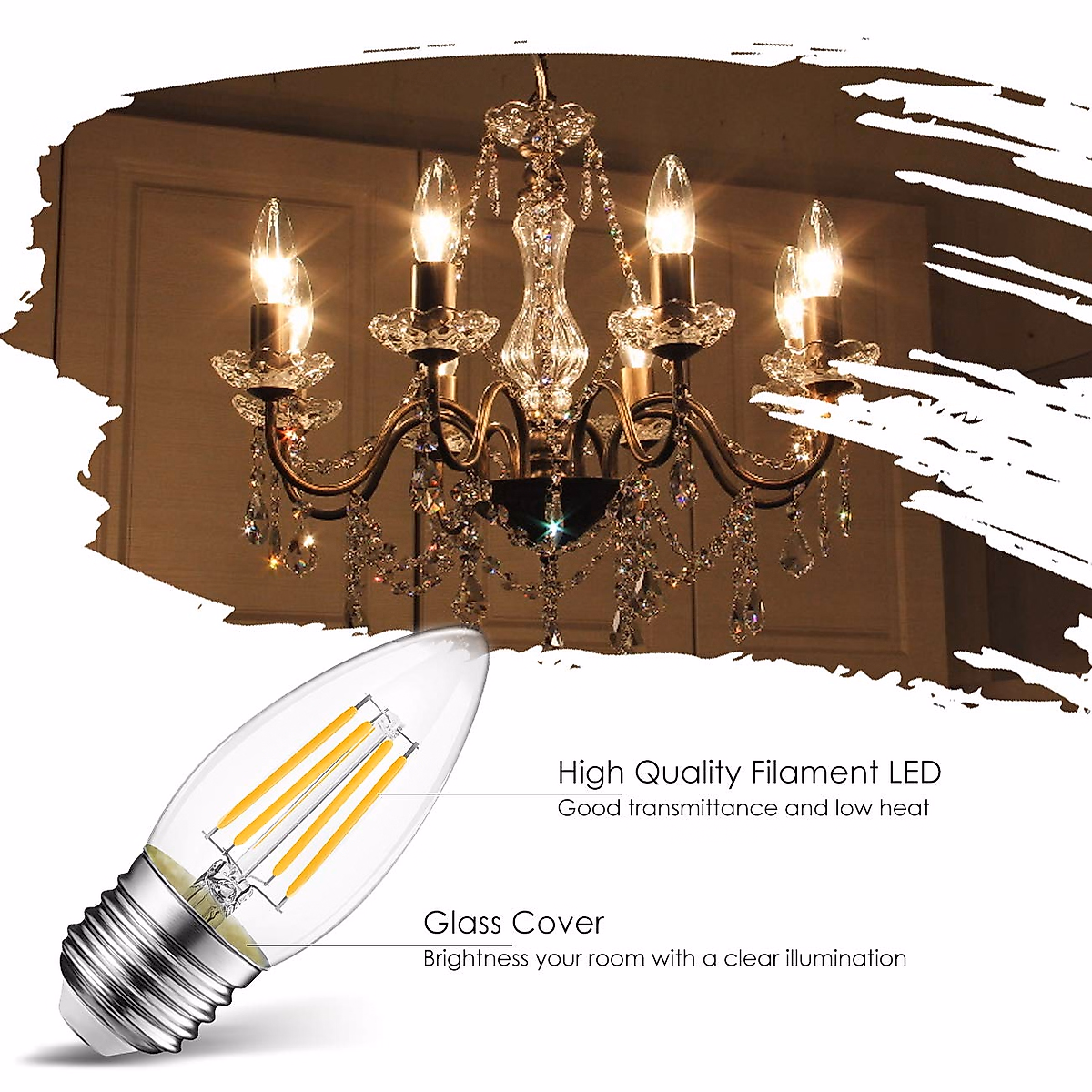 LVWIT B11 LED Filament Bulb E26 Candelabra Medium Base 2700K Warm White, 4W(60W Equivalent) 500 Lumens Non-Dimmable Decorative Candle Light Bulb, Pack of 6