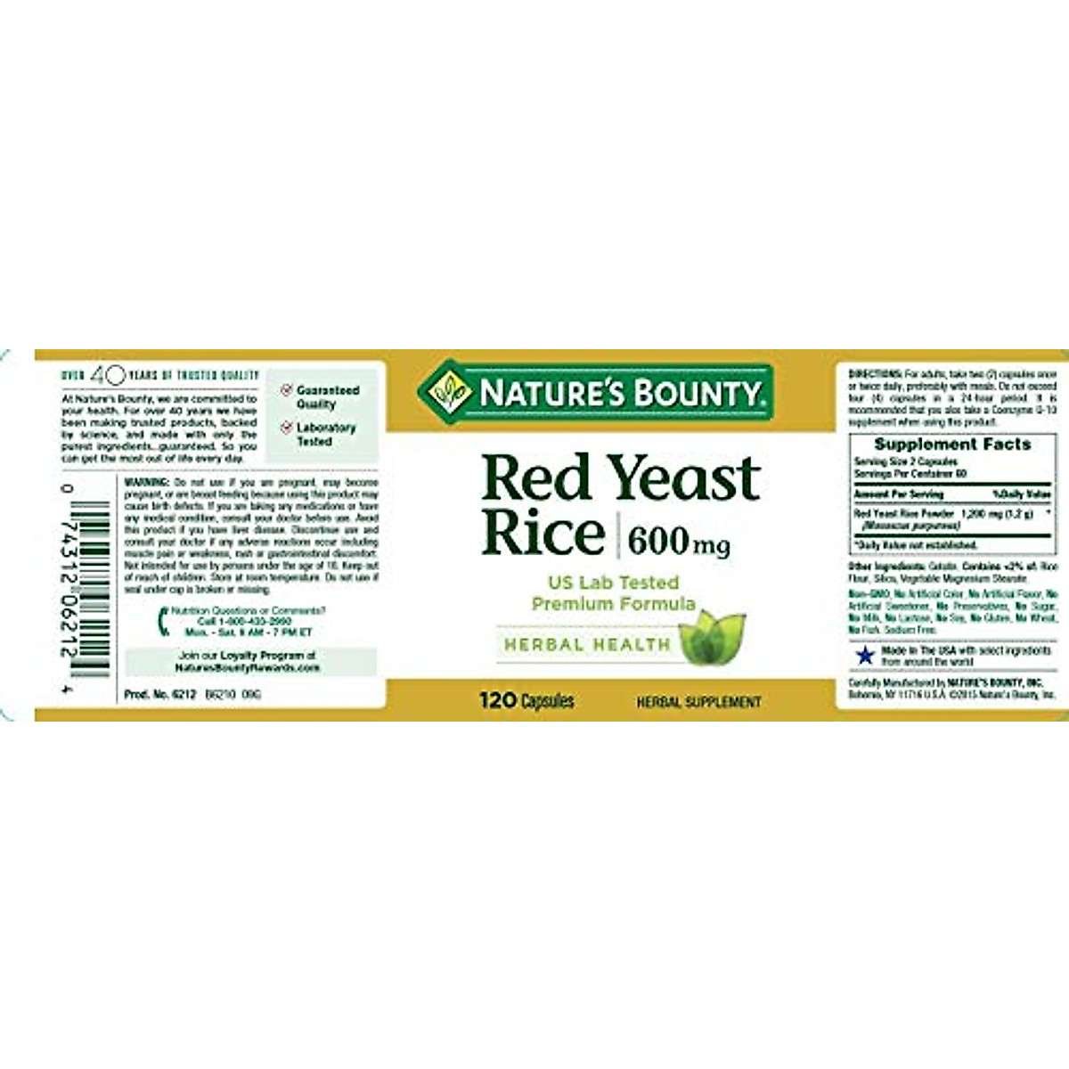 Nature's Bounty Red Yeast Rice Pills and Herbal Health Supplement, Dietary Additive, 600mg, 120 Capsules (Pack of 2)