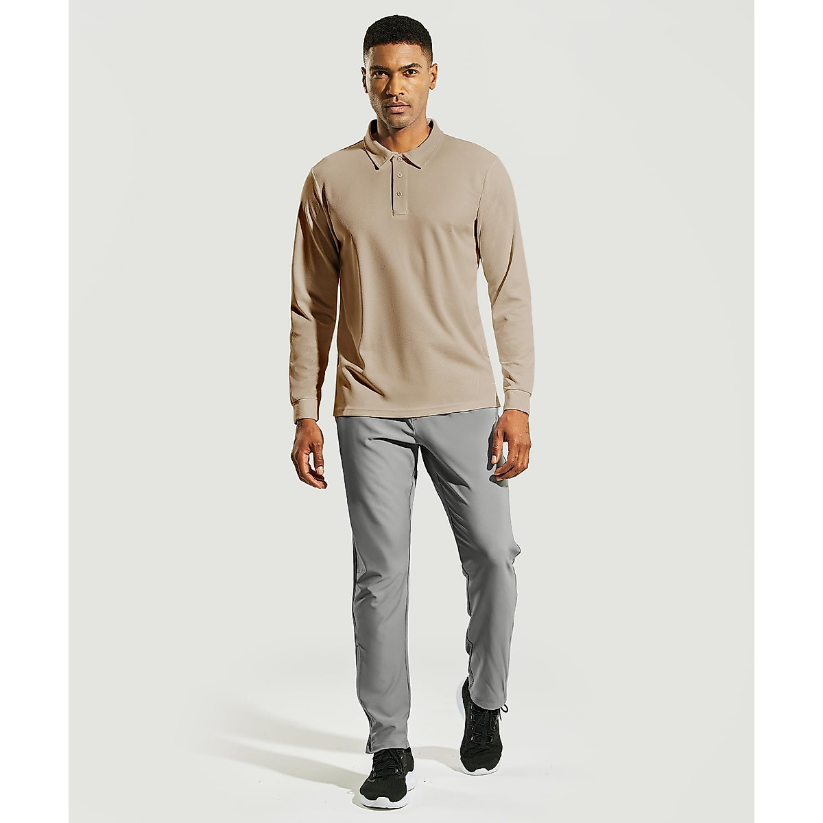 Haimont Mens Polo Shirts Golf Long Sleeve Lightweight Polyester Collared Tshirt Moisture Wicking Regular Fit, Khaki, XL