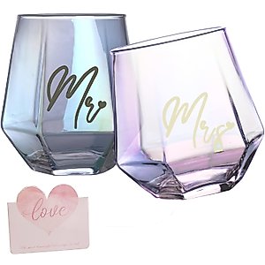 Yalucky Diamond-Shaped Wine Glasses Gifts, Wedding Gifts for Bride and Groom, Gifts for Bridal Shower Engagement Wedding and Married Anniversary, Engagement Gift, Couples Gifts for Husband & Wife