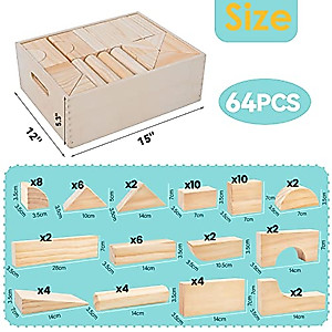 Onshine Large Wooden Blocks for Toddlers 1-3, 64 Pieces Big Wood Building Blocks Set with Wooden Storage Box, Large Toddler Blocks Building and Stacking Toys Construction Set