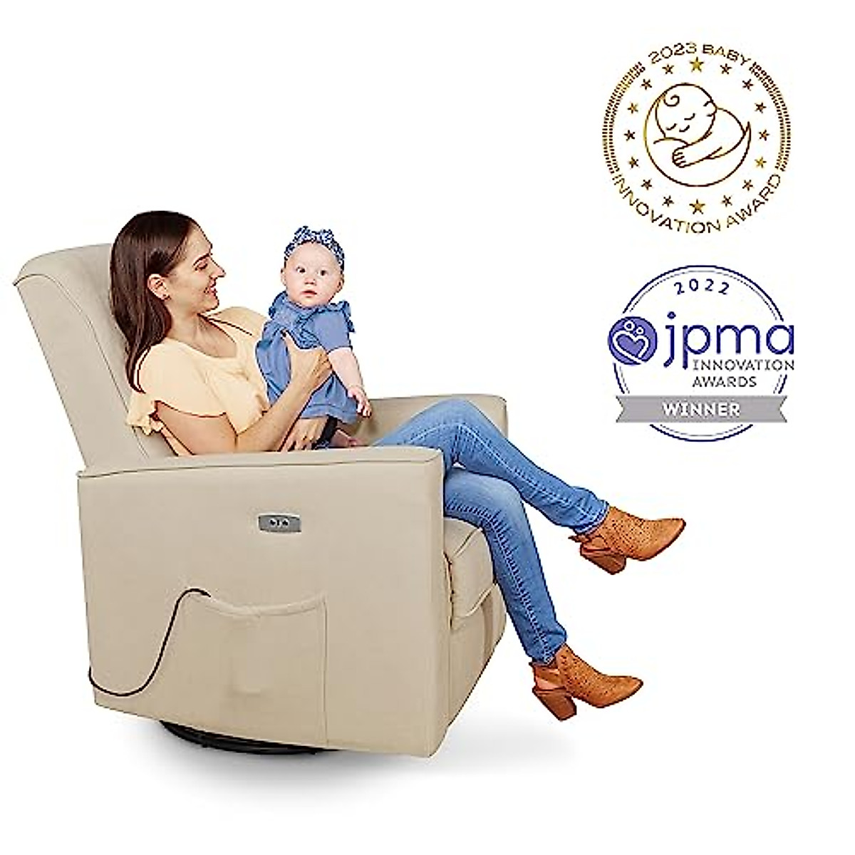 Evolur Harlow Deluxe Upholstered Plush Seating Glide Rocker, Swivel, Power Recliner USB Port with in-Built Massager, Greenguard Gold Certified, Glider Chair for Nursery in Shell