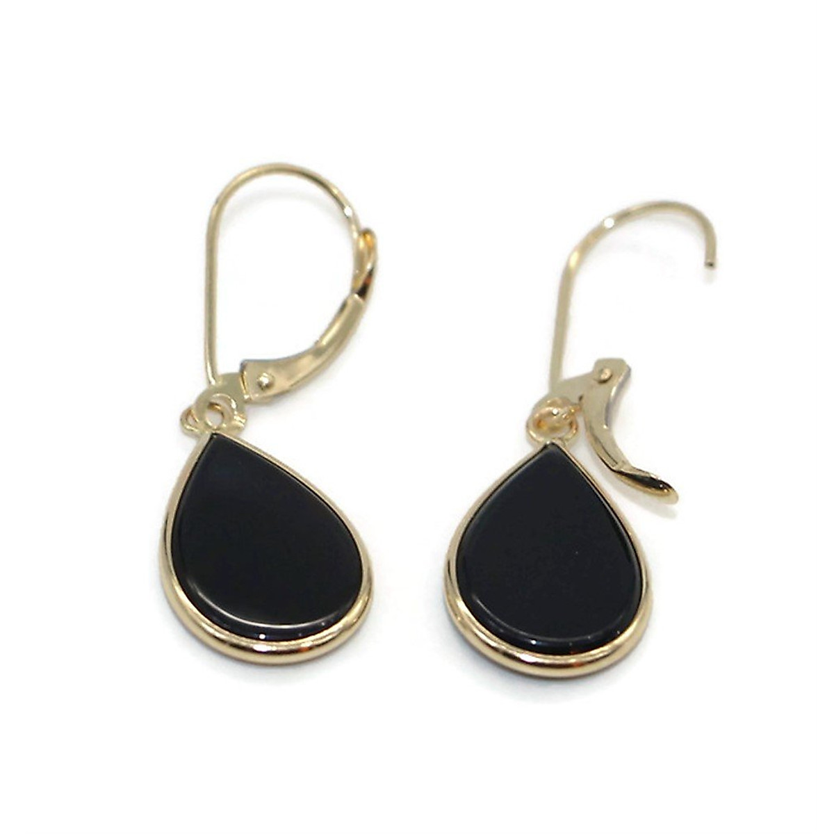 Onyx Black Pear Hanging Earrings set in 14K Yellow Gold,Leverbacks