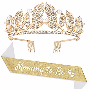 Zipoka Mommy to Be Sash for Baby Shower with Crown - Premium Mom to Be Sash Baby Shower - Baby Shower Sash for Mommy Boy or Girl (Gold)