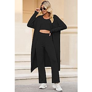 Linsery 3 Piece Sexy Fuzzy Outfit for Women Sherpa Jacket Coat and Crop Top Wide Leg Pants Lounge Set Cozy Fleece Tank Top and Pants Pajamas Black S