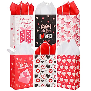 DERAYEE Valentines Day Gift Bags with Handle, 24 Pack Heart Bags with Tissue Paper Medium Valentines Kraft Paper Wrapping Bags for Valentines Party Favors