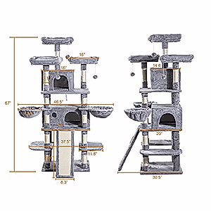 IMUsee 68 Inches Multi-Level Large Cat Tree for Large Cats/Big Cat Tower with Cat Condo/Cozy Plush Cat Perches/Sisal Scratching Posts and Hammocks/Cat Activity Center Play House/Grey