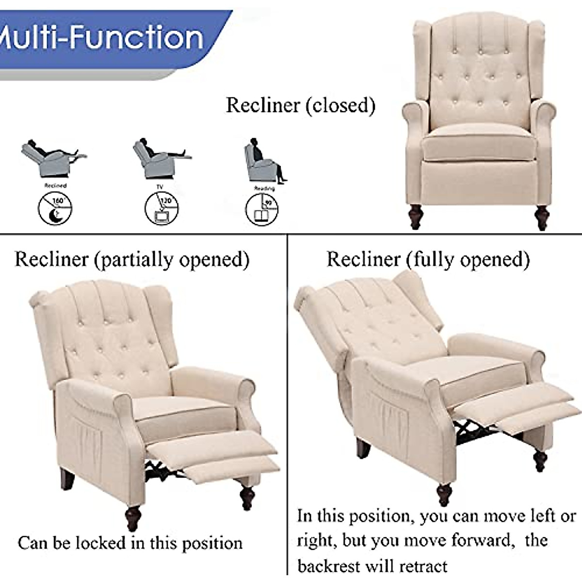 SAMERY Recliner Chair with Massage & Heating- Modern Accent Chair Upholstered Armchair Fabric Single Sofa Lounge Reading Club Chair with Tufted Wingback for Small Spaces Bedroom Living Room