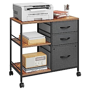 YITAHOME 3 Drawer Lateral File Cabinet, Mobile Printer Stand with Open Storage Shelf, Fabric Filing Cabinet for Home Office, Rolling File Cabinet Fits A4/Letter Size, Dark Grey