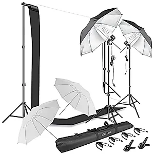 HYJ-INC Photography Umbrella Continuous Lighting Kit,Muslin Backdrop Kit(White Black), Backdrop Clips Clamp,10ft Photo Background Photography Stand System for Photo Video Studio Shooting