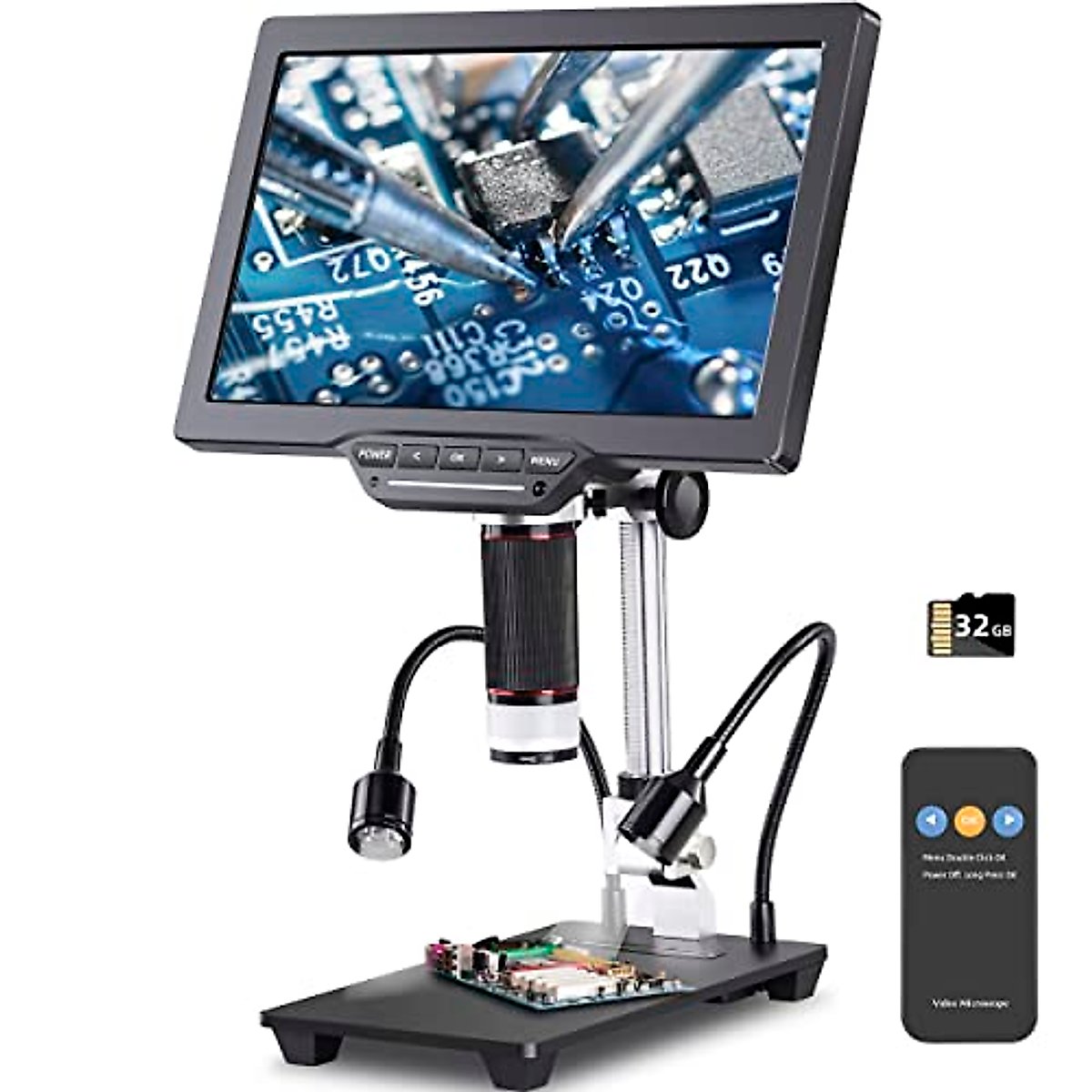 Soldering Microscope, 10.1-inch LCD Digital Microscope Coin Microscope, Compatible with Windows/OS/TV, Supports 1080P Video Record, HDMI Digital Microscope for Adults with Station, 32GB TF Card