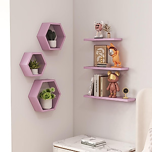 LUDORU Wooden Hexagon Floating Shelves Wall Mounted,Set of 6 Pine Hexagon Shelves Display for Photos,Plants,Rustic Honeycomb Shelves for Living Room,Bedroom,Bathroom, Kitchen, Office Decor, Pink