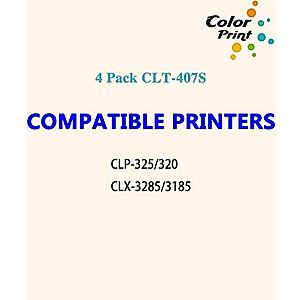 4-Pack ColorPrint Compatible Toner Cartridge Replacement for Samsung CLP325 CLT407S CLT-407S 407S Work with CLP-325 CLP-320 CLP-320N CLP 325W 326 CLX-3180 CLX-3185FW CLX-3185N CLX-3186 Printer (BCMY)
