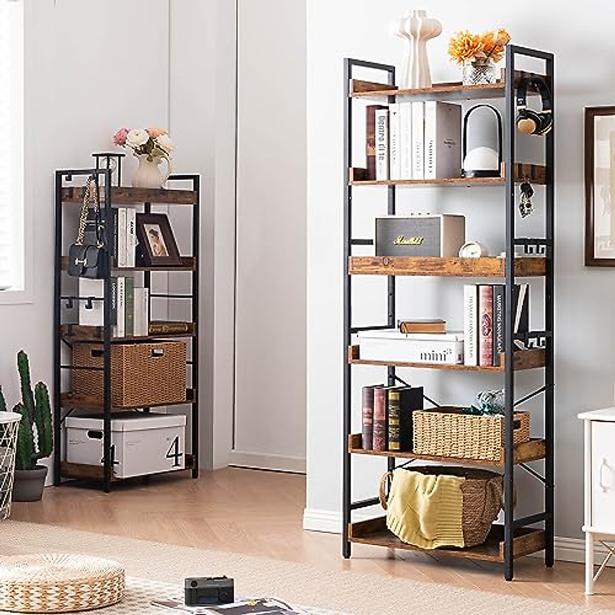 HCHQHS Bookshelf Adjustable 6 Tier Open Bookcase,Rustic Farmhouse Book Shelves, Industrial Wood and Black Metal Bookshelves,Mid Century Bookcase for Home Office Living Room Bedroom (Rustic, 6 Tier)