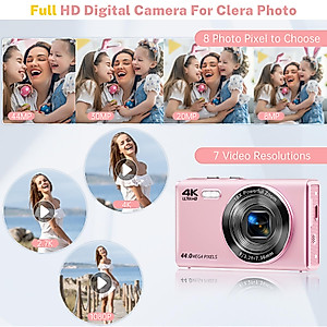 Digital Camera, Saneen FHD Kids Cameras for Photography, 4K 44MP Compact Point and Shoot Camera for Kids, Teens & Beginners with 32GB SD Card,16X Digital Zoom, 2 Rechargeable Batteries-Pink