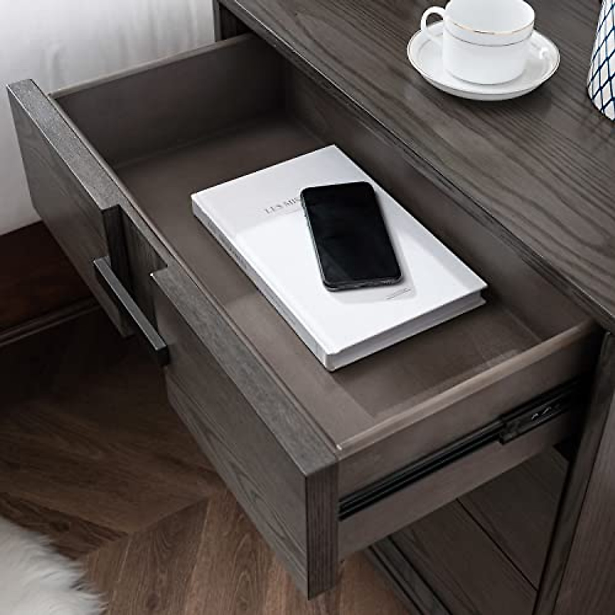 Leick Home 9075 Assembled Recessed Drawer and Bottom Door Nightstand Side Table with AC/USB Charger, Gray