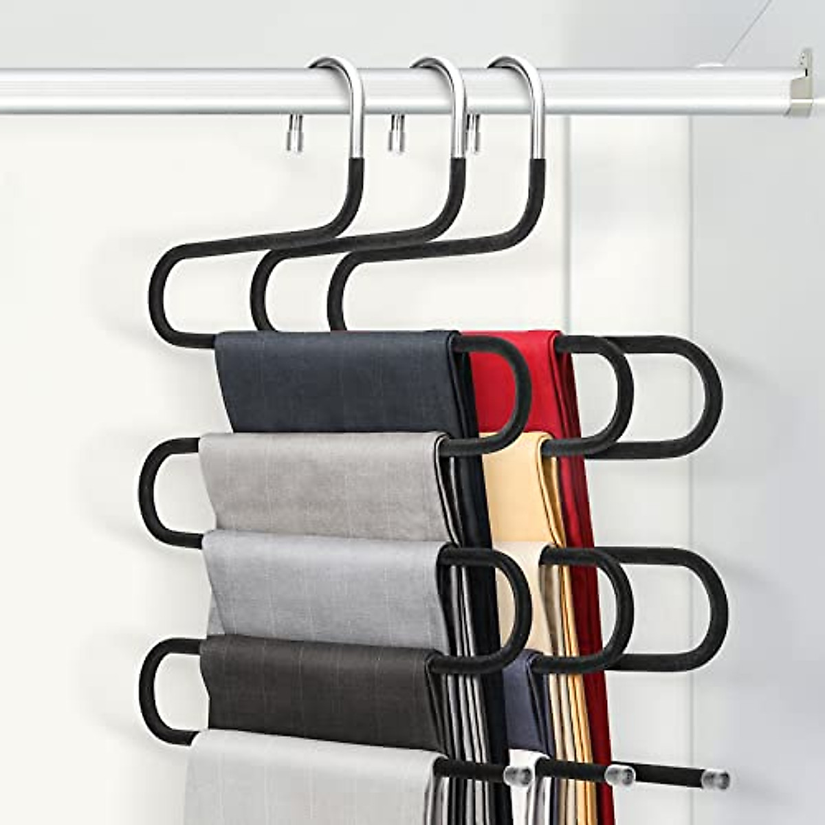 3 Pack Velvet Pants Organizer Space Saving - 5 Tier Closet Organizers and Storage Pants Rack- GIGPADE Non Slip Jean Hangers Pants Trouser for Closet, Scarf Pants Organizer(Black)