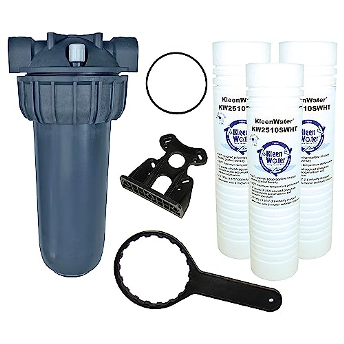 KleenWater Hot Water Filter (1), Mounting Bracket (1), 5 Micron High Temp Cartridges (3) with Scale Inhibitor, Spare Oring (1), Filter Wrench (1), Multi-Pack