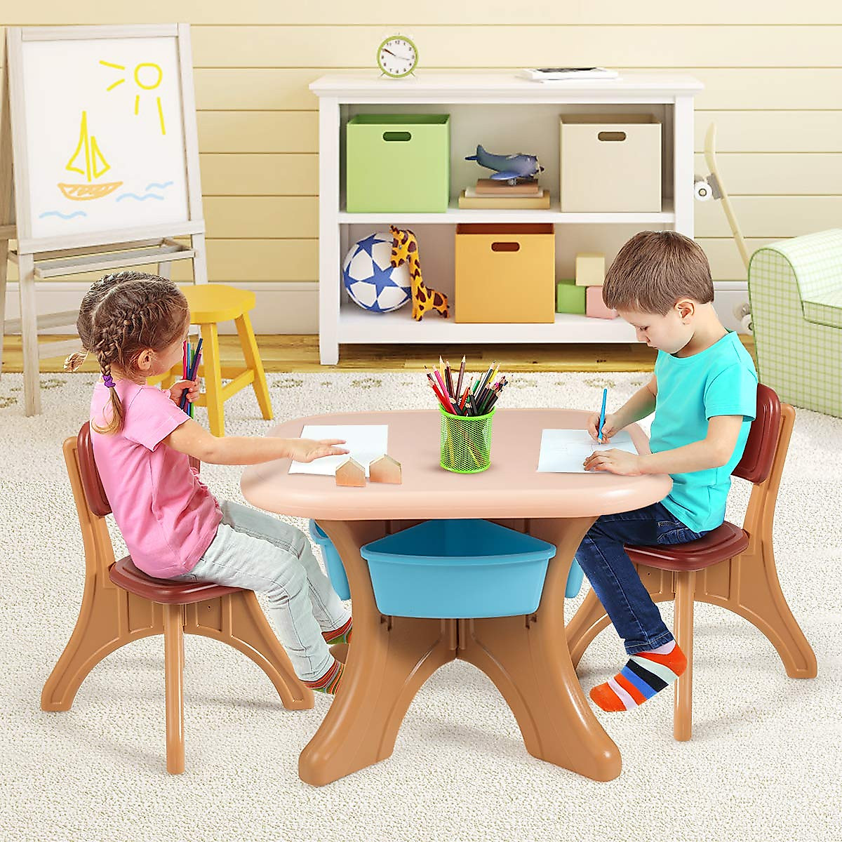 Costzon Kids Table and Chair Set, 3 Piece Activity Table w/Detachable Toy Storage Bin & 2 Chairs for Children Reading Art Craft, Strong Bearing Capacity, Lightweight, Toddler Table & Chair Set, Coffee