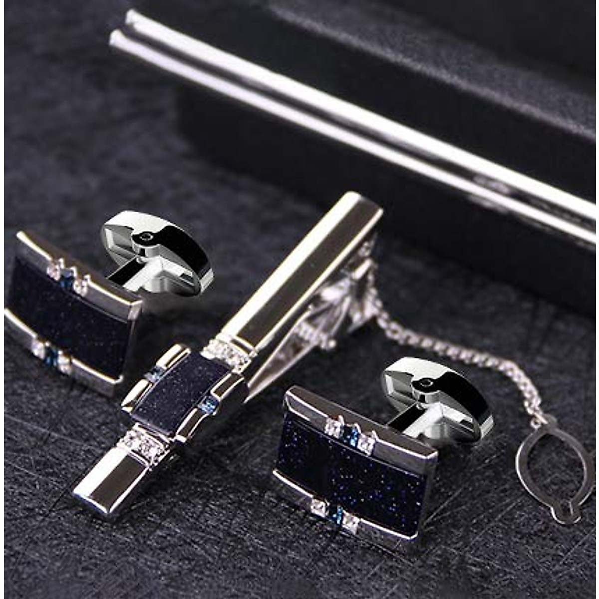 BagTu Starry sky Cufflinks and Tie Clip Set with Gift Box and Greeting Card, Galaxy Dark Blue Cufflinks and Tie Clip Gift Set for Men