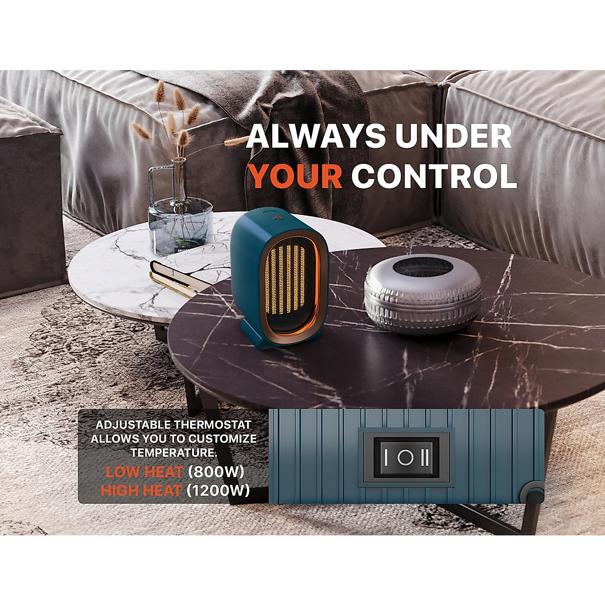 Ceramic Space Heater for Indoor Use, Overheat Protection, Tip-Over Protection, Low Noise Heating, Safe Electric PTC Portable Fan for Office Home Room, White Smart Handy Warmer for Bedroom Desktop