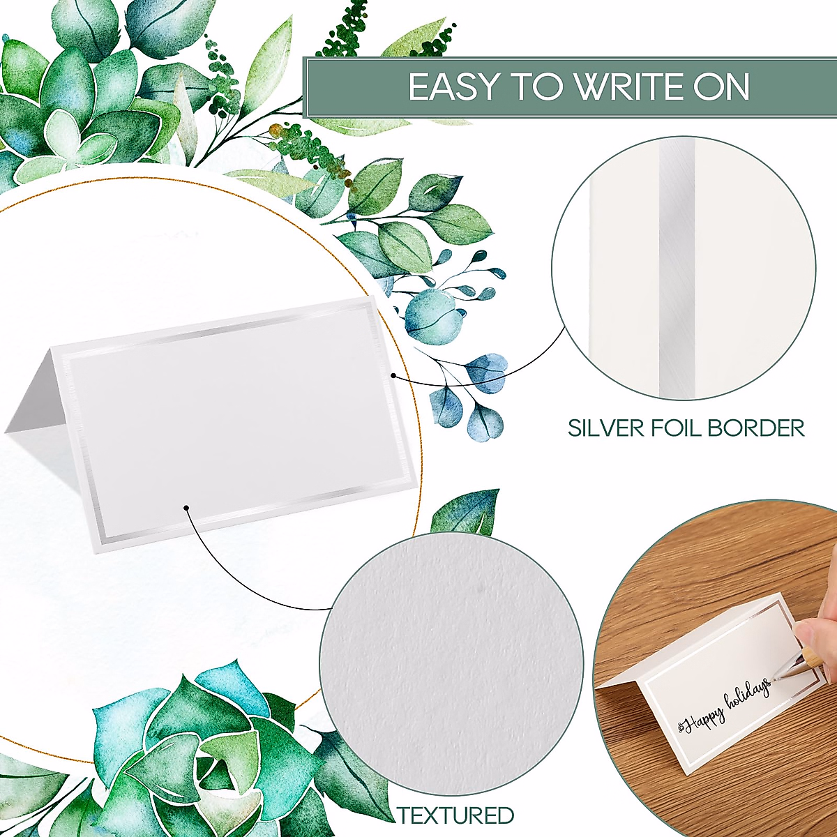 Teling 150 Pcs Place Cards with Foil Border Small Table Tent Cards Texture Seating Cards Blank Escort Name Place Cards for Party Table Weddings Banquets Dinner Birthday Events, 2 x 3.5 Inch(Silver)