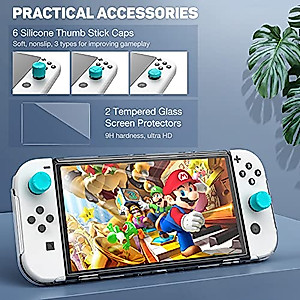 MoKo Case Compatible with Nintendo Switch OLED Model 2021, PC Protective Accessories Cover Case with 6 Game Card Slots and 6 Thumb Caps & 2 Tempered Glass Screen Protectors, Clear+Blue