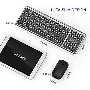 Rechargeable Wireless Keyboard Mouse, seenda Slim Thin Low Profile Keyboard and Mouse Combo with Numeric Keypad Silent Keys for Windows 7/8/10/11 PC Laptop Computer, Gray