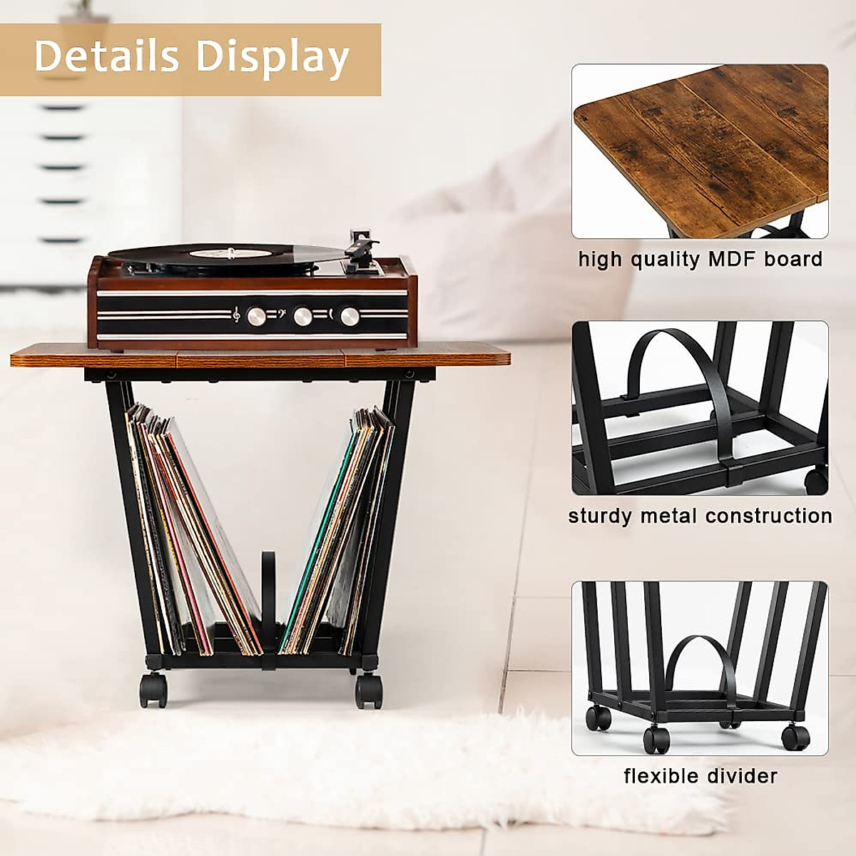 Hadulcet Record Player Stand Vinyl Records Holder, Turntable Stand and LP Album Storage Rack with wheels and dividers, Rustic Brown