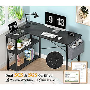 Mr IRONSTONE L Shaped Desk with Outlets & USB Ports, Reversible 47 Inch Office Desk, Corner Desk for Small Space, Home Office Desk with Storage Bag & Hook, Black