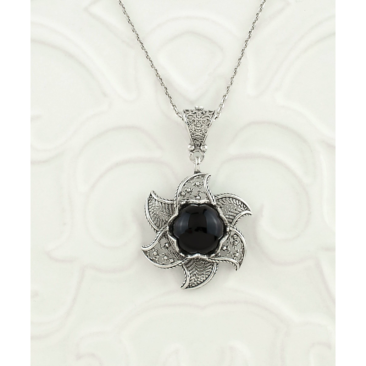 Filigranist 925 Sterling Silver Filigree Art 3D Lotus Flower Women Pendant Necklace with Gemstones (Black Onyx)