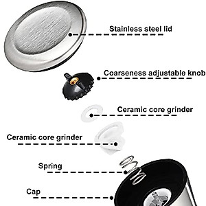 Pepper Grinder Pepper Mill, Salt Grinder Refillable,(Single Package) Adjustable Coarseness Black Pepper Grinder, Stainless Steel Sea Salt Shaker with Ceramic Rotor (1 pack)