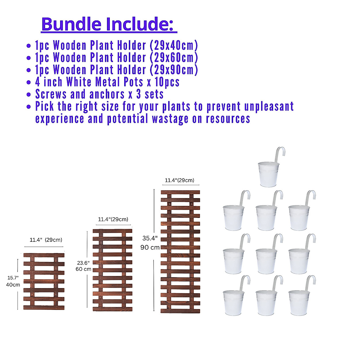 ShopLaLa Bundle - 4 inch White Metal Pots x 10 Pack + 3 pack Wooden Planter Vertical Garden System Planter, Live Plant Wall Outdoor Wall Mounted Planter Decoration Large Indoor Living Wall Plant Decor