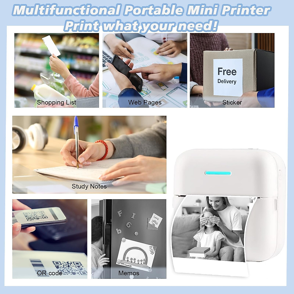Sticker Printer Machine- Mini Thermal Printer, Inkless Notes Printer Mini, Portable Bluetooth Pocket Phone Printer for Journal, Photos, Notes, Kids Gift, White Mini Printer Sticker Maker