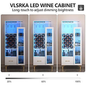 Vlsrka LED Liquor Wine Cabinet, Wine Bar Cabinet with USB Port, Bar Cabinets for 18 Bottle Wine Rack and 3 Glass Holder, Tall Sideboard Buffet Storage Cabinet for Living, Dining Room, White