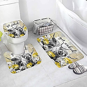 Bcsewcg Get Naked Floral Shower Curtain and Bath Mat Set, Farmhouse Highland Cow Funny Western Bull Bathroom Mat Set with Contour Toilet Mat, Mat and Toilet Lid Cover 69x70 Inch