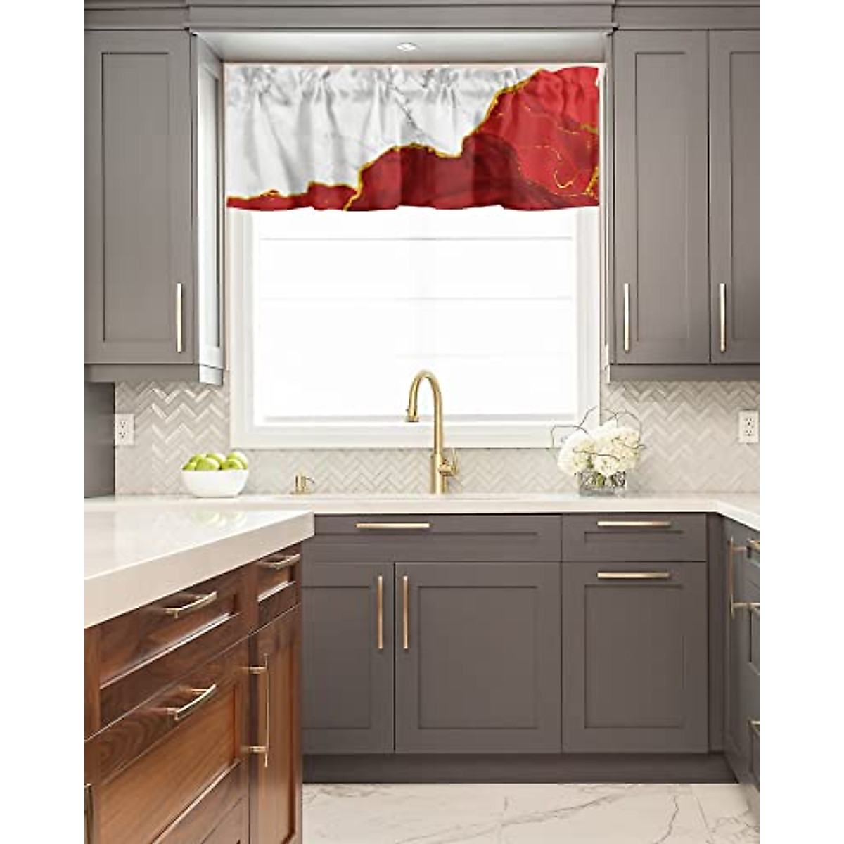 Curtain Valance for Windows Red White Gradient Marble Gold Edge Kitchen Valances Rod Pocket Short Curtains,Simple Abstract Art Window Treatment Panel for Living Room Bathroom Bedroom 60x18in